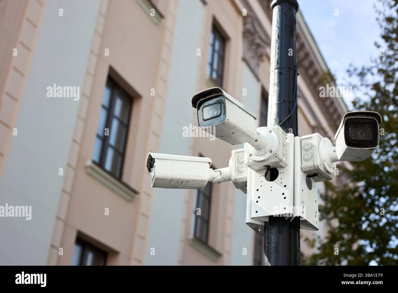 Street CCTV cameras on pole. Multifunctional cameras - radars for ...