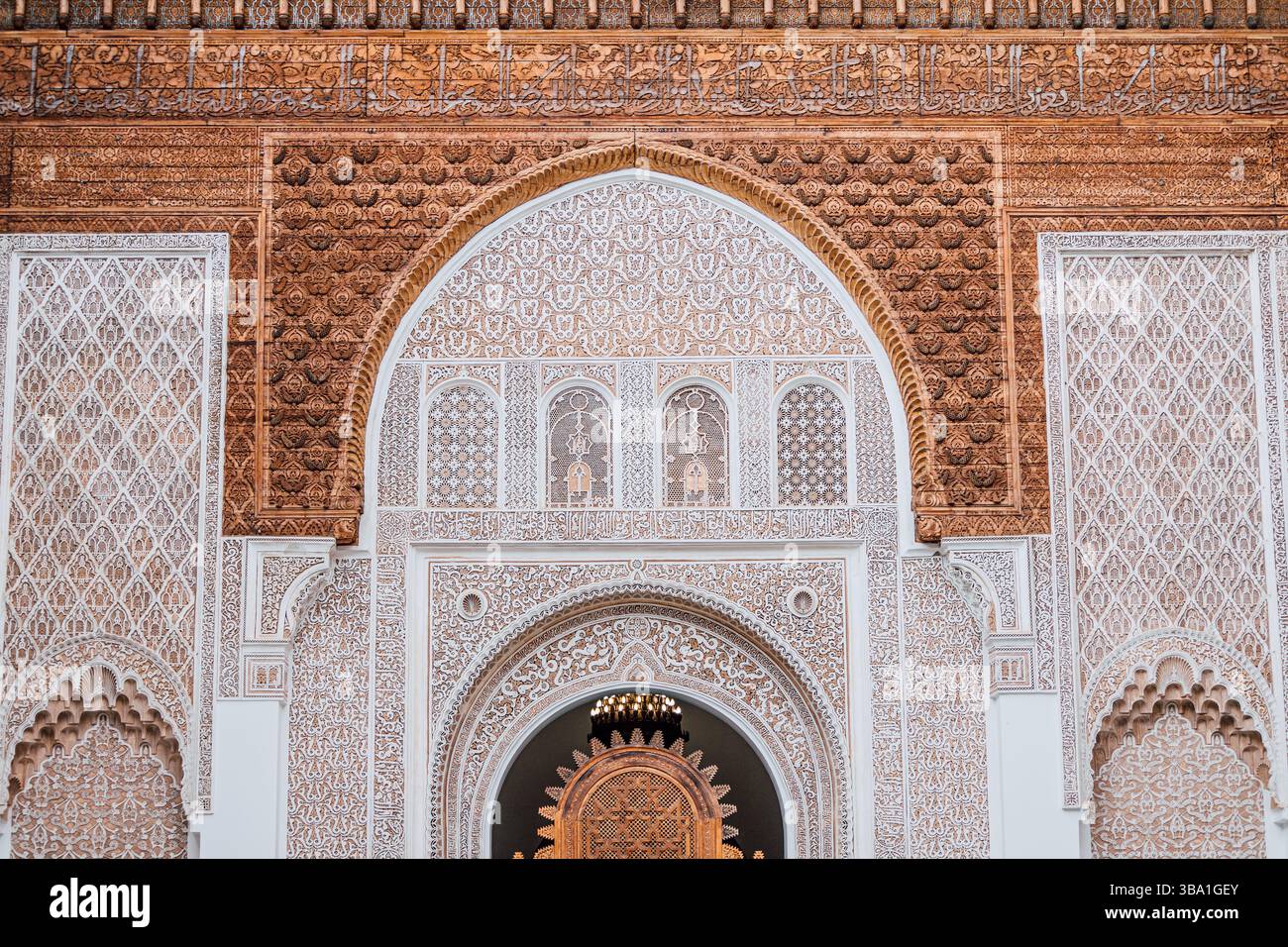 06 March 2025, Marrakech, Morocco: Ornate arches and intricate stucco ...