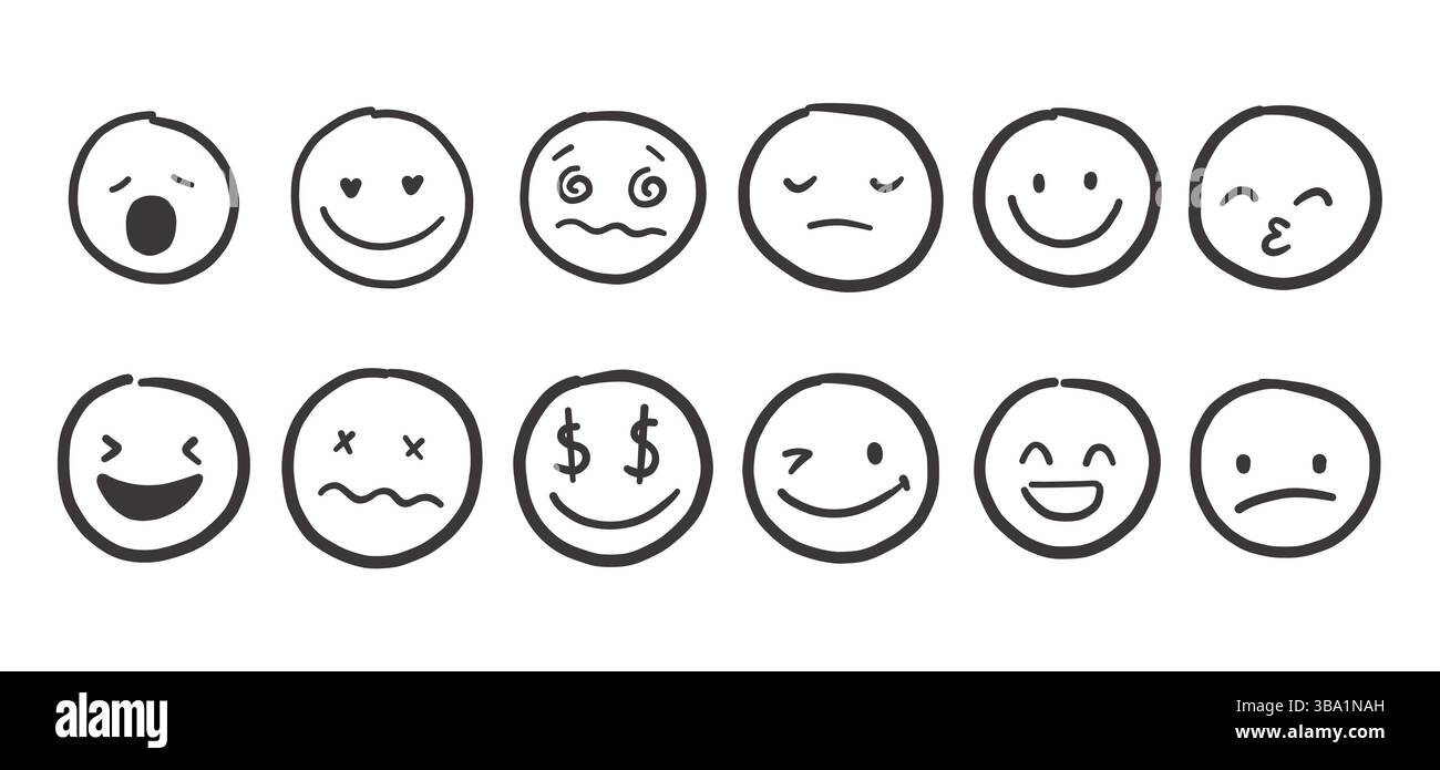 Hand draw emoticon black face set. Doodle collection of different black ...