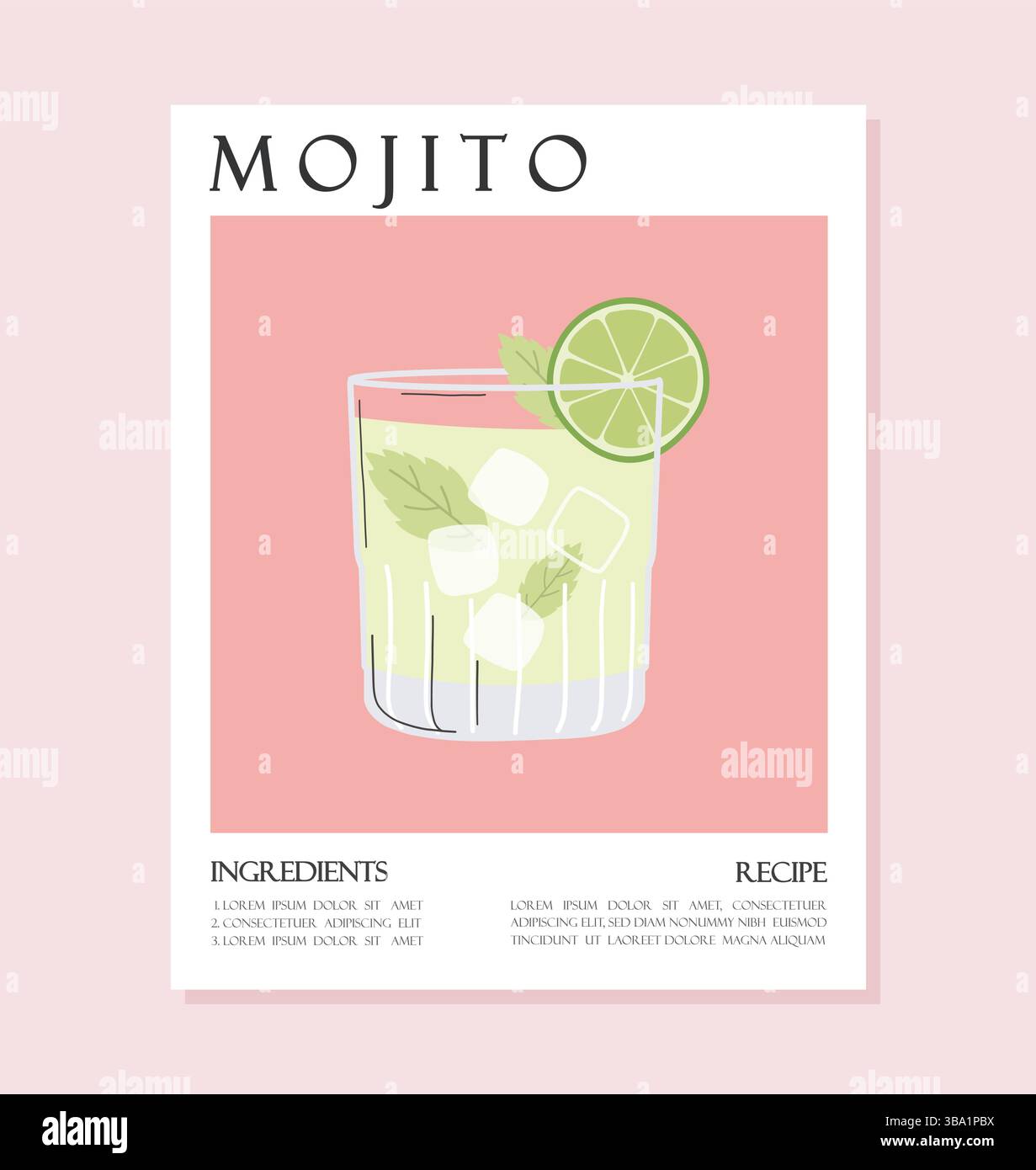 Summer drink poster cartoon flat. Mojito cocktail recipe concept wall ...