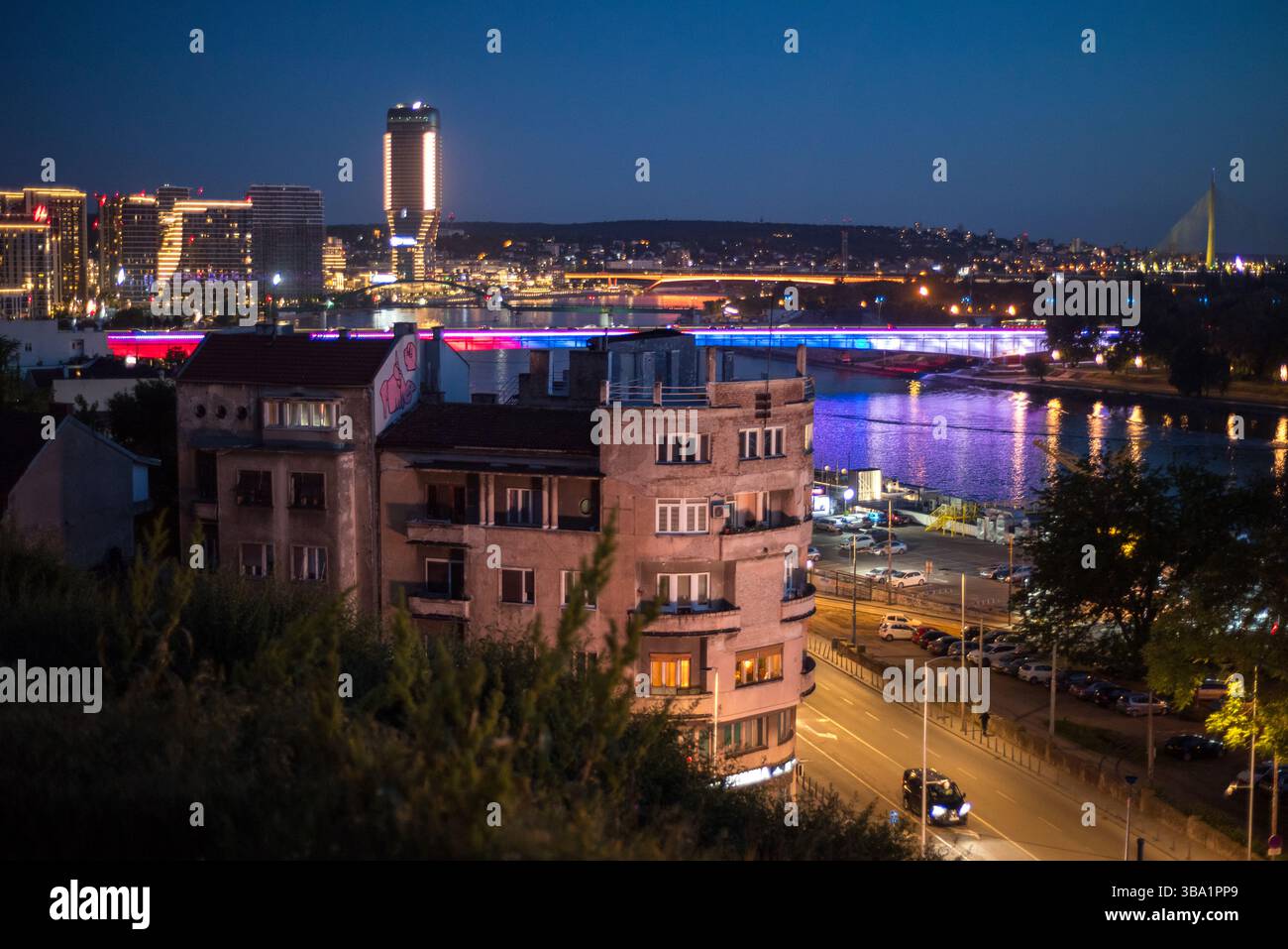 Night view from the Belgrade fortress of the Sava river and Belgrade ...