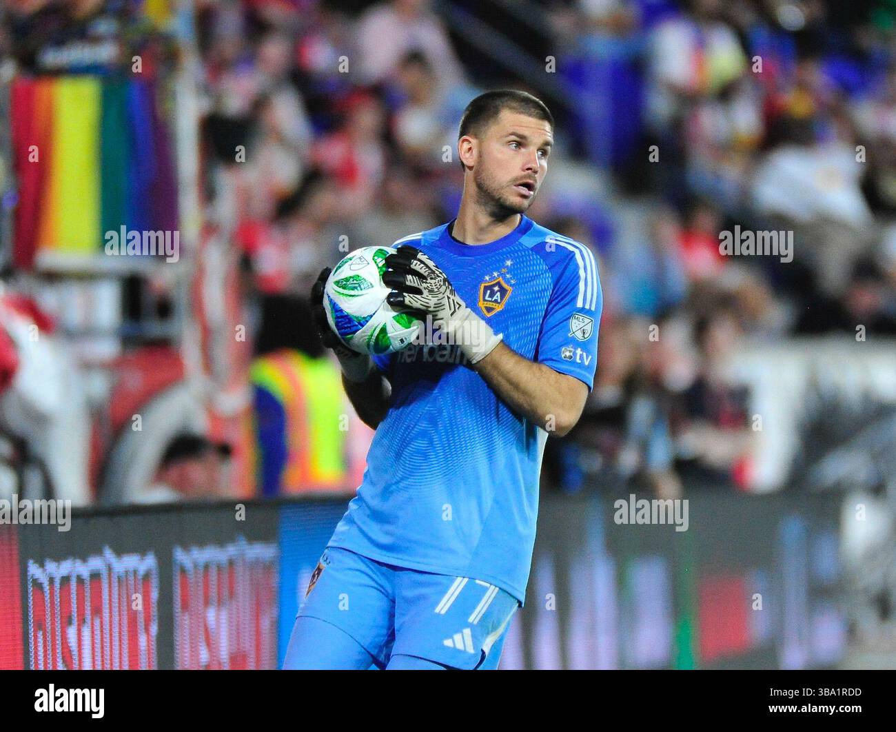 Harrison, USA. 10th May, 2025. LA goaltender John McCarthy (77) in ...