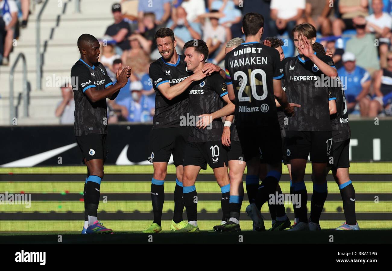 Club's Hugo Vetlesen celebrates after scoring during a soccer match ...