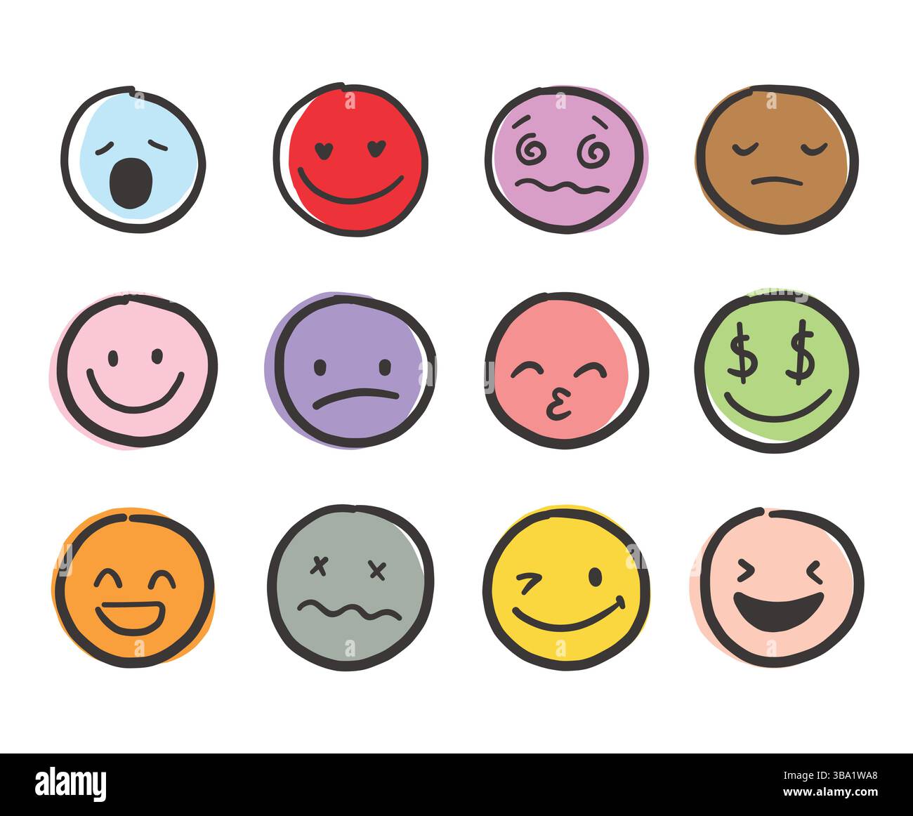 Hand draw emoticon face set. Doodle collection of different colors ...