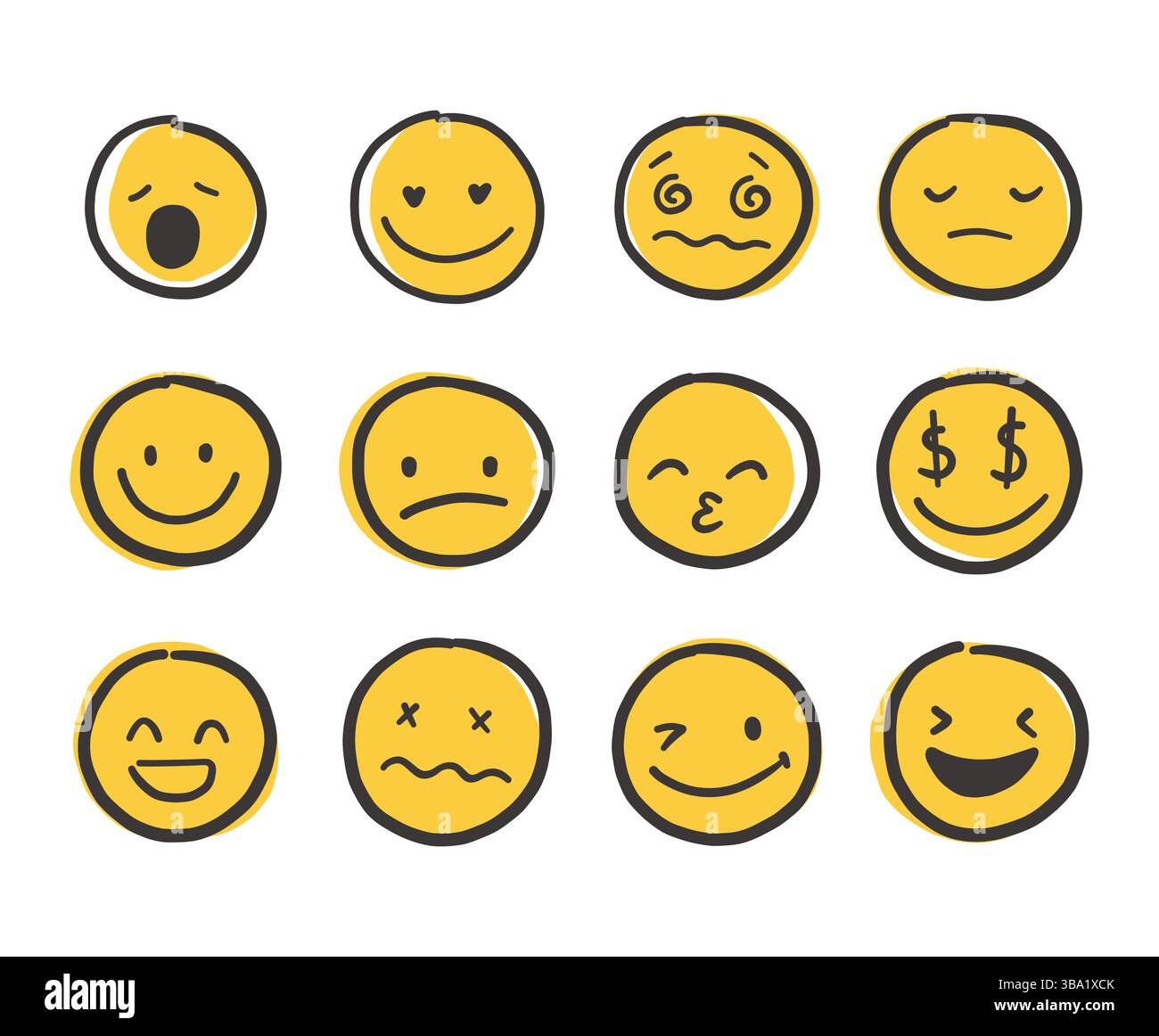 Hand draw emoticon face set. Doodle collection of different yellow ...