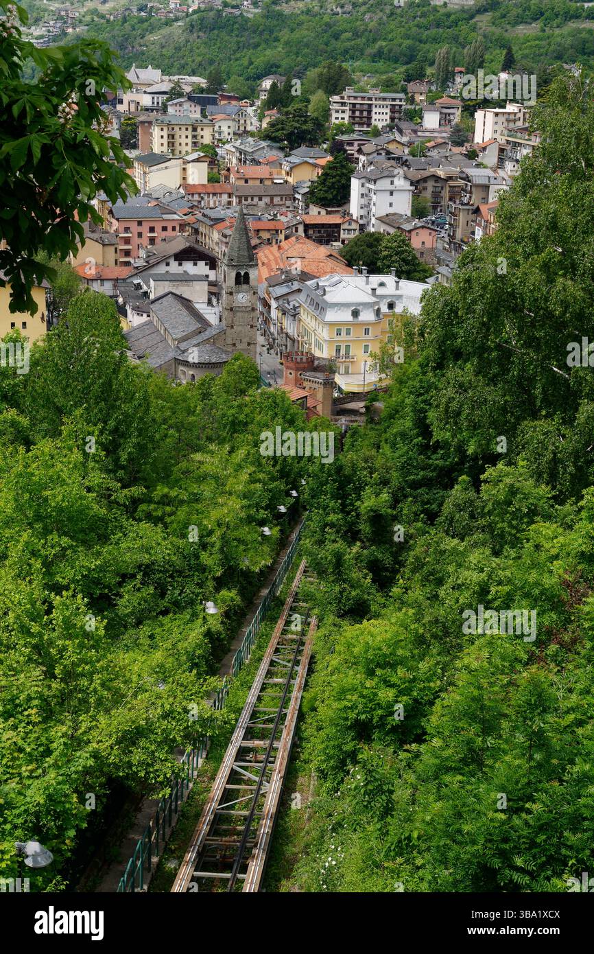 Funicular tracks leading to Church and Hotel/restaurant in the town of ...