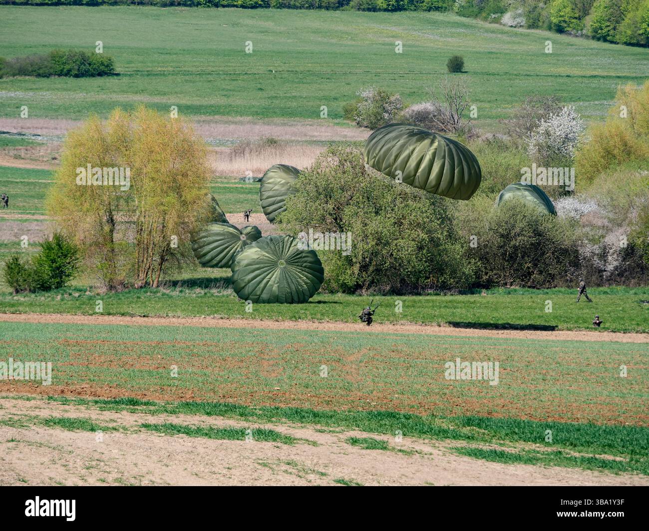 German paratroopers during a NATO exercise in Germany, fully equipped ...