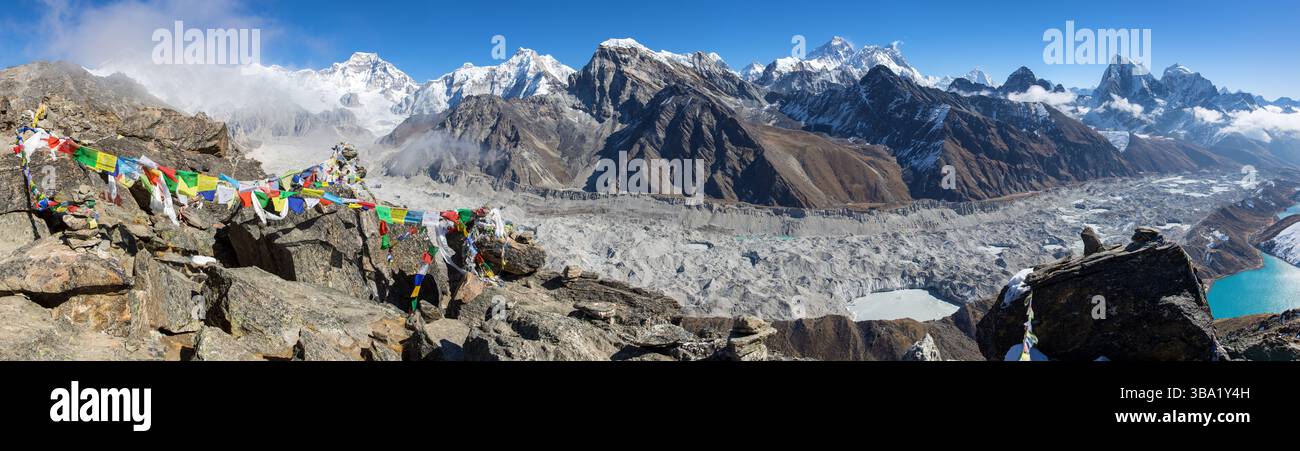 Panoramic view of Ngozumba glacier and great himalayan range from Gokyo ...
