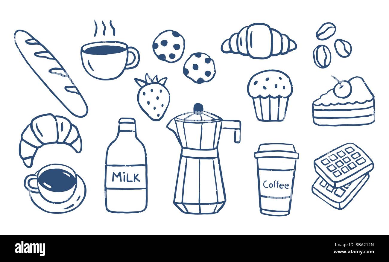 Hand draw breakfast doodles food. Food and coffee, crayon drawing style ...