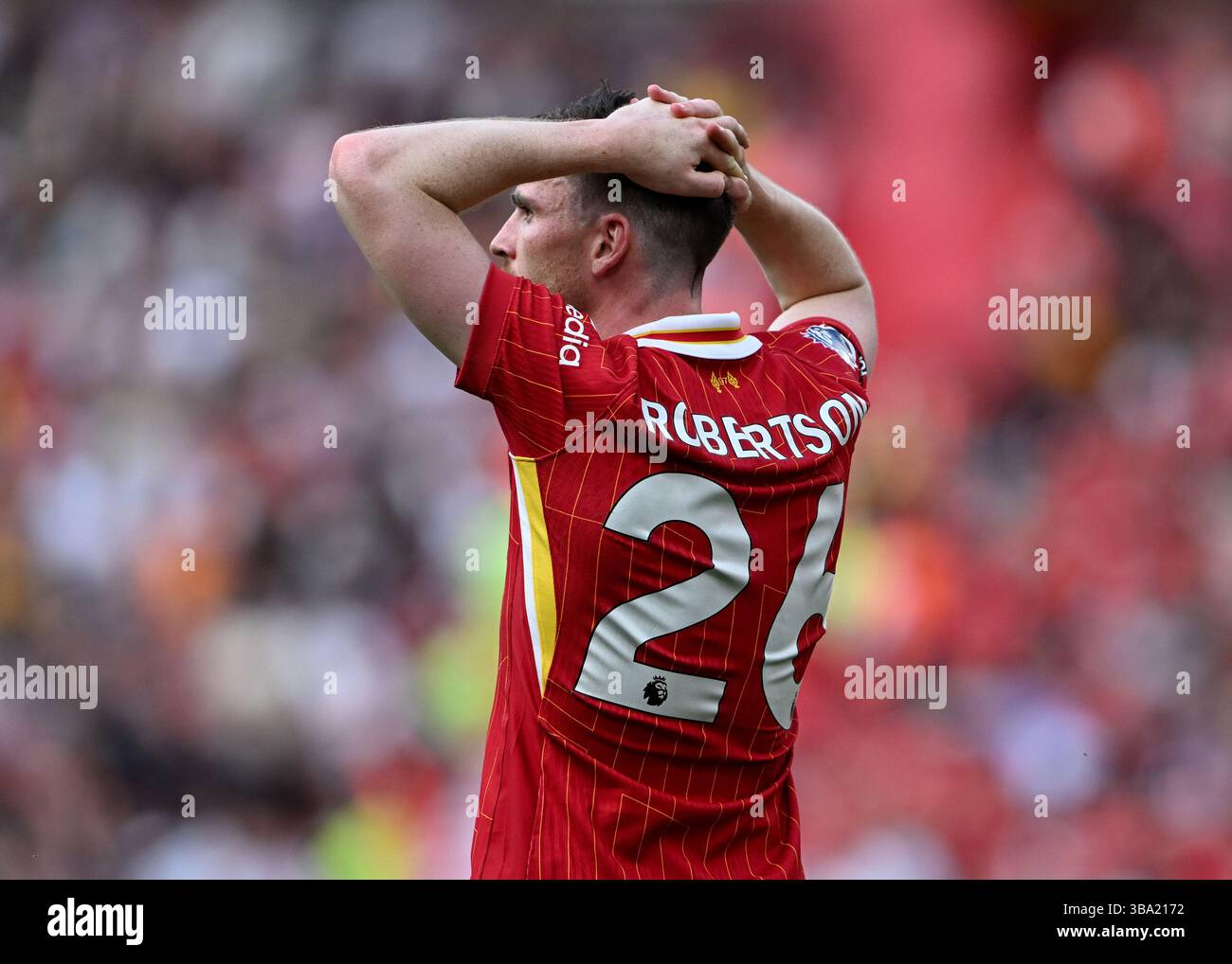 Liverpool, UK. 11th May, 2025. Andrew Robertson of Liverpool reacts to ...