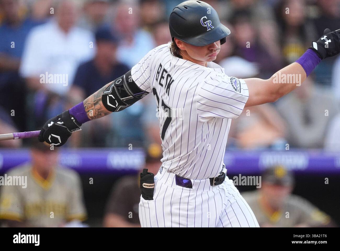 Colorado Rockies left fielder Jordan Beck (27) in the third inning of a ...