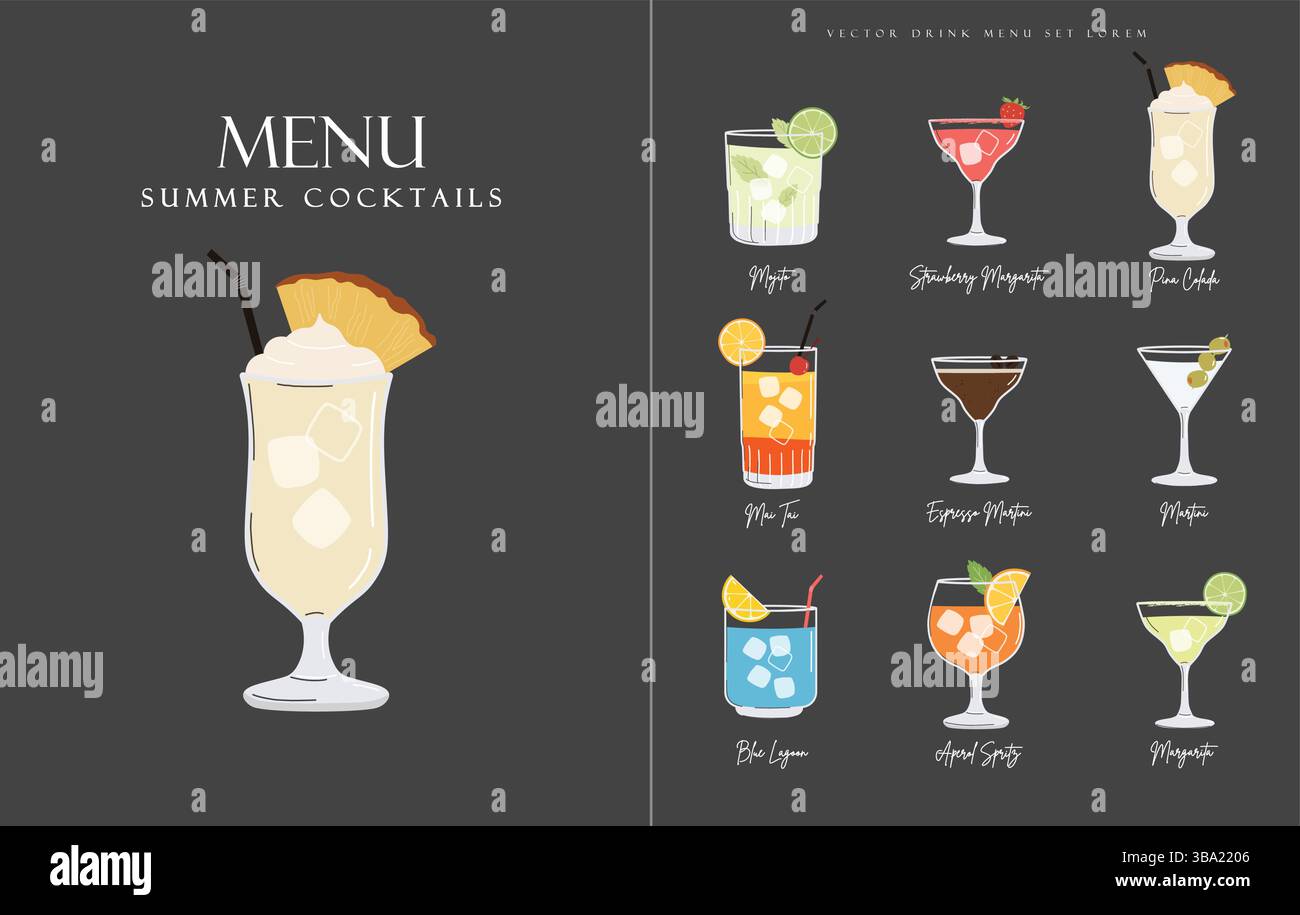 Summer restaurant cocktails menu. Black minimalist design. Season ...