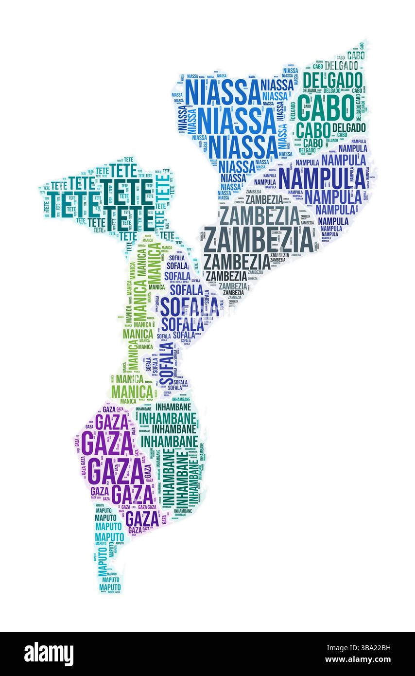Mozambique region word cloud. Country shape design. Mozambique colored ...