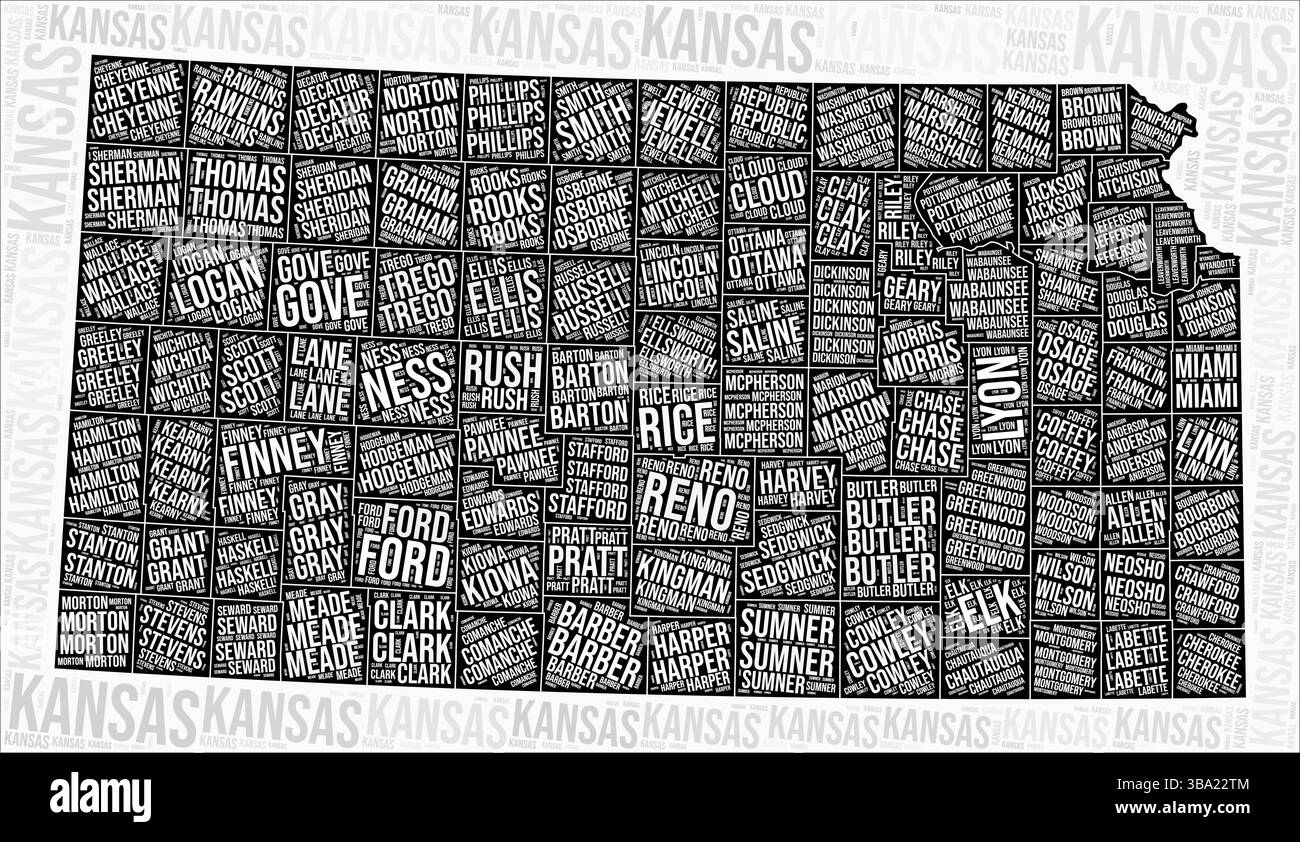 Kansas counties map word cloud. Kansas region names. Black and white ...