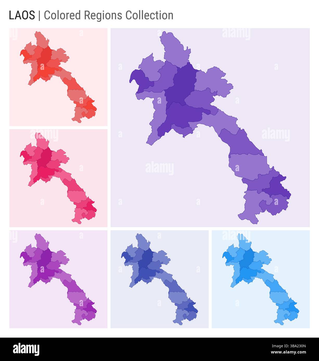 Laos map collection. Country shape with colored regions. Deep purple ...