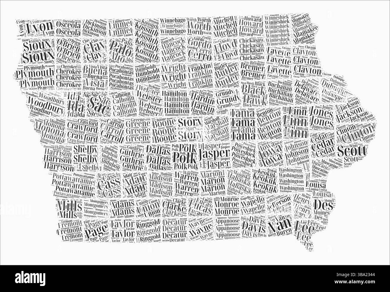 Iowa Text Style Counties. State region names word clouds in English ...