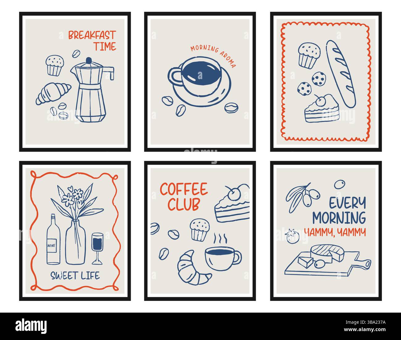 Breakfast doodles poster collection. Vector illustration of croissant ...