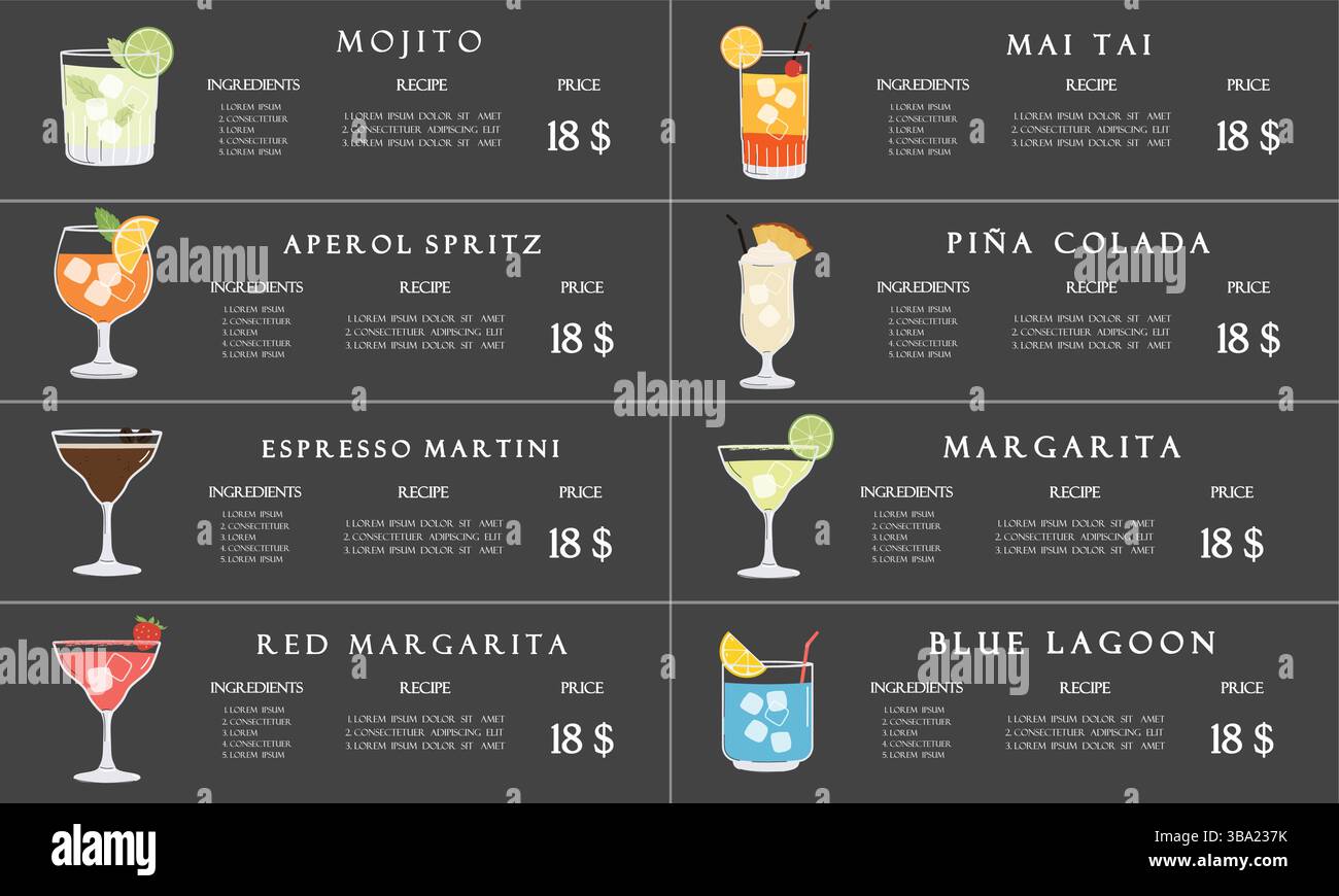 Summer restaurant cocktails menu. Black minimalist style. Season ...