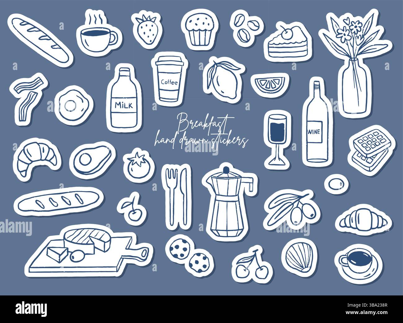 Hand draw breakfast doodles food. Crayon drawing style, Italian la ...