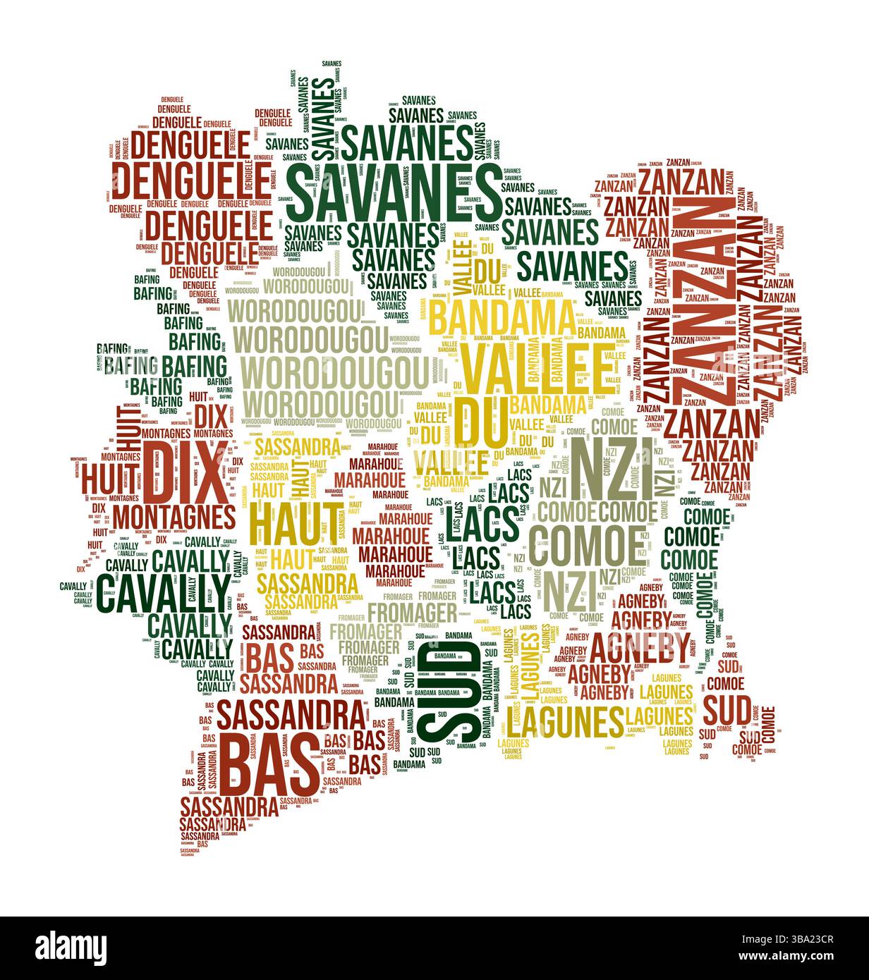 Cote d'Ivoire Word Cloud. Country shape with region division. Cote d ...