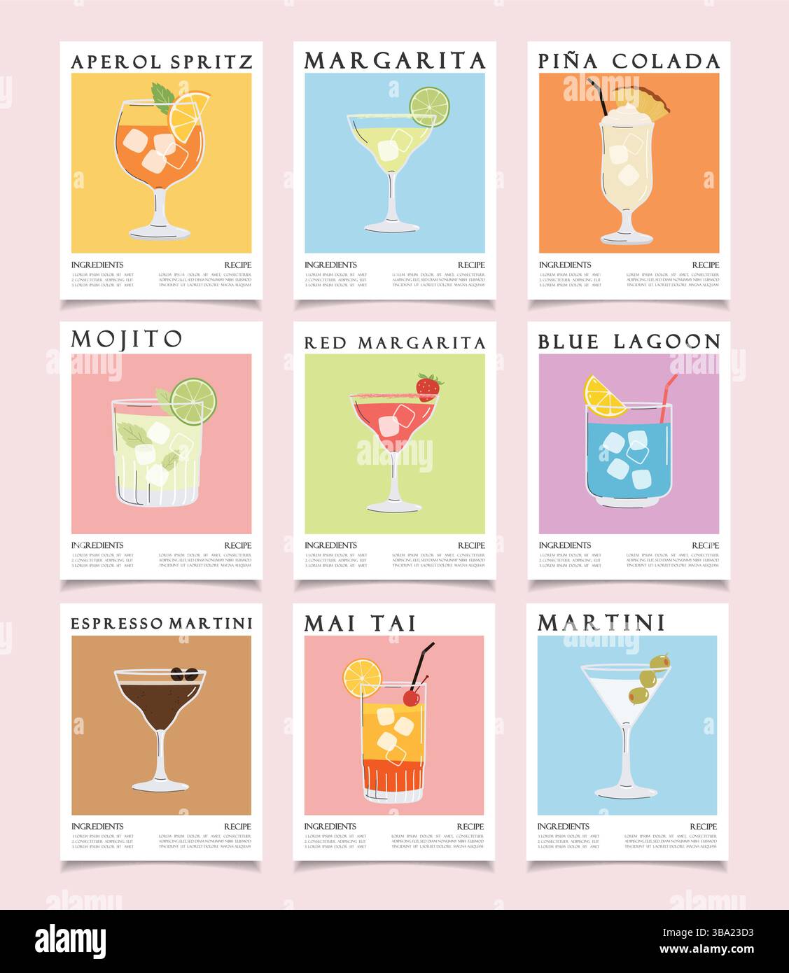 Summer cocktails posters cartoon flat. Alcoholic drink recipe concept ...