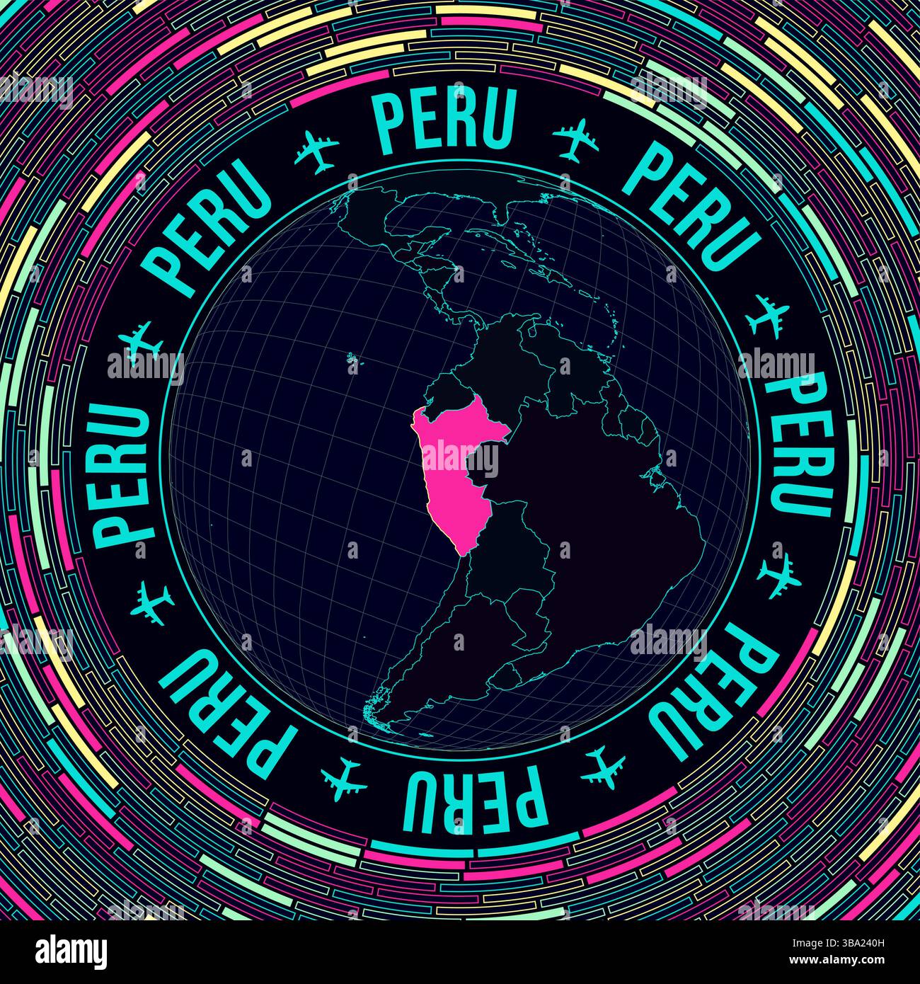 Peru on globe. Satellite view of the world centered to Peru. Bright ...