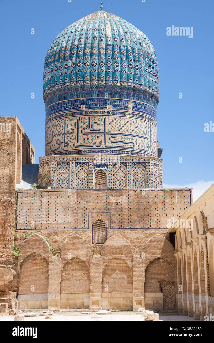 The azure fluted dome at Bibi-Khanym Mosque in Samarkand in Uzbekistan ...