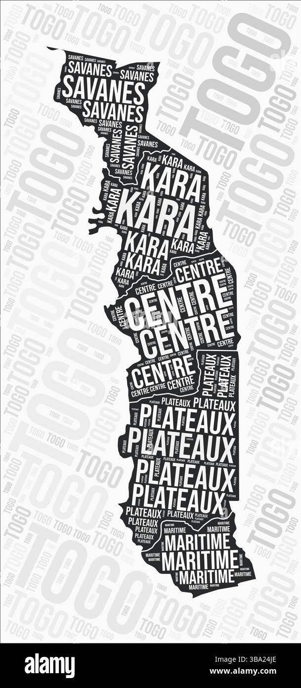 Togo regions map word cloud. Togo region names. Black and white map ...