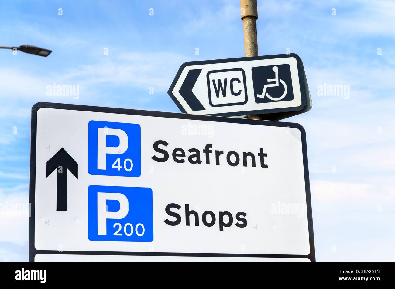 Direction signs to Seafront, Shops and Public Toilets, Scotland, UK ...