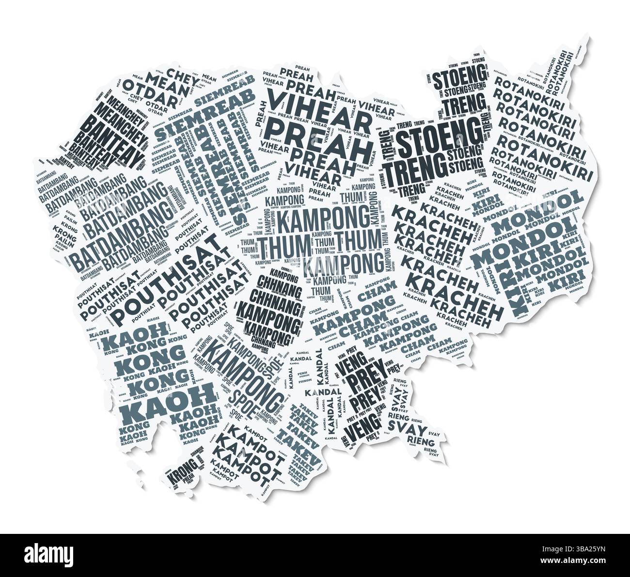 Cambodia shape text cloud. Country border with shadow on white ...