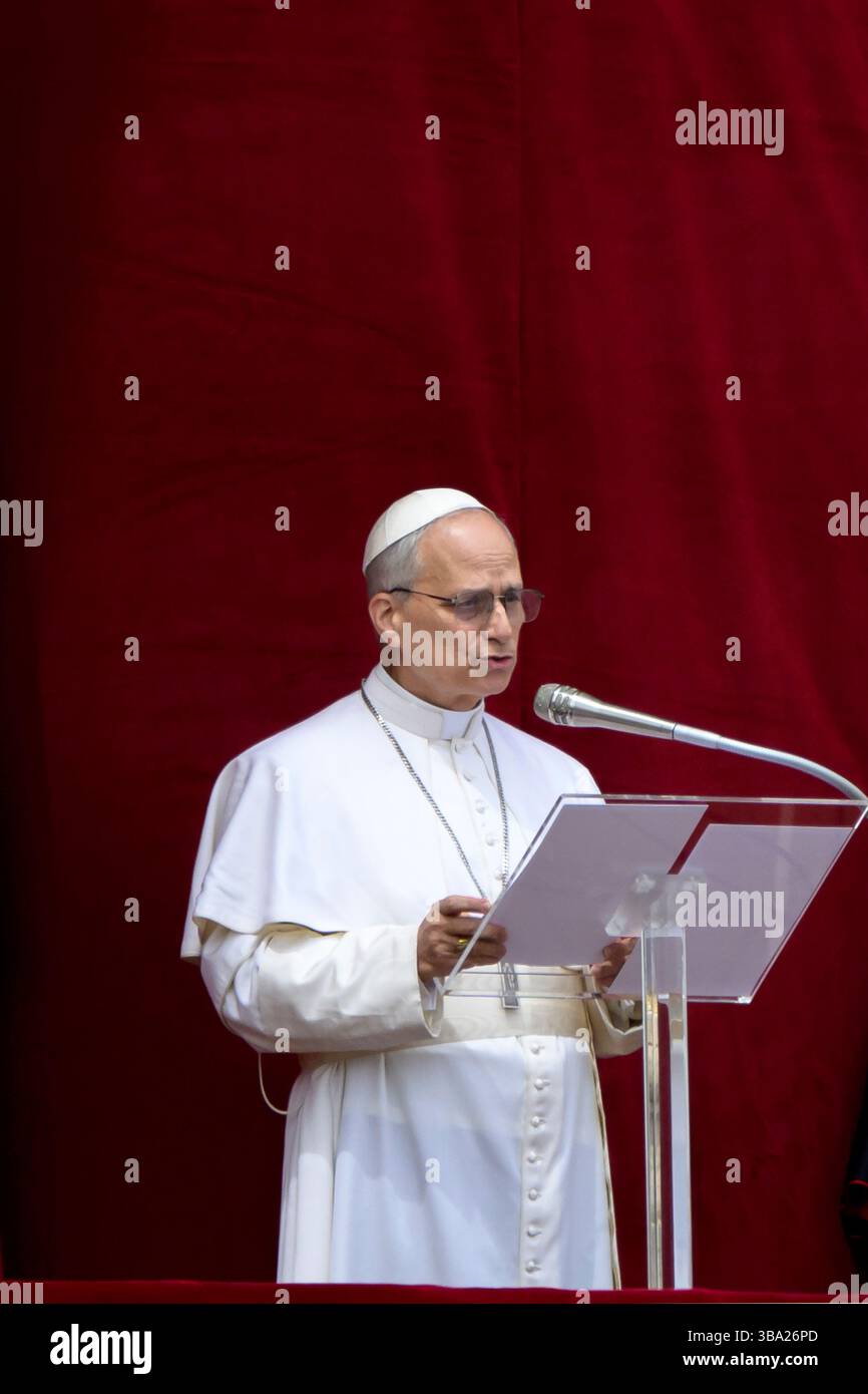 Vatican City, Vatican. 11th May, 2025. Pope Leo XIV gives a speech from ...