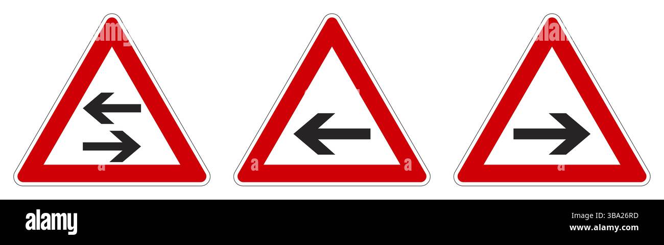 Warning - single/two way traffic sign. Black arrow in red triangle ...