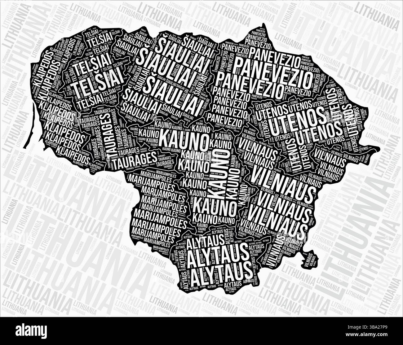 Lithuania regions map word cloud. Lithuania region names. Black and ...