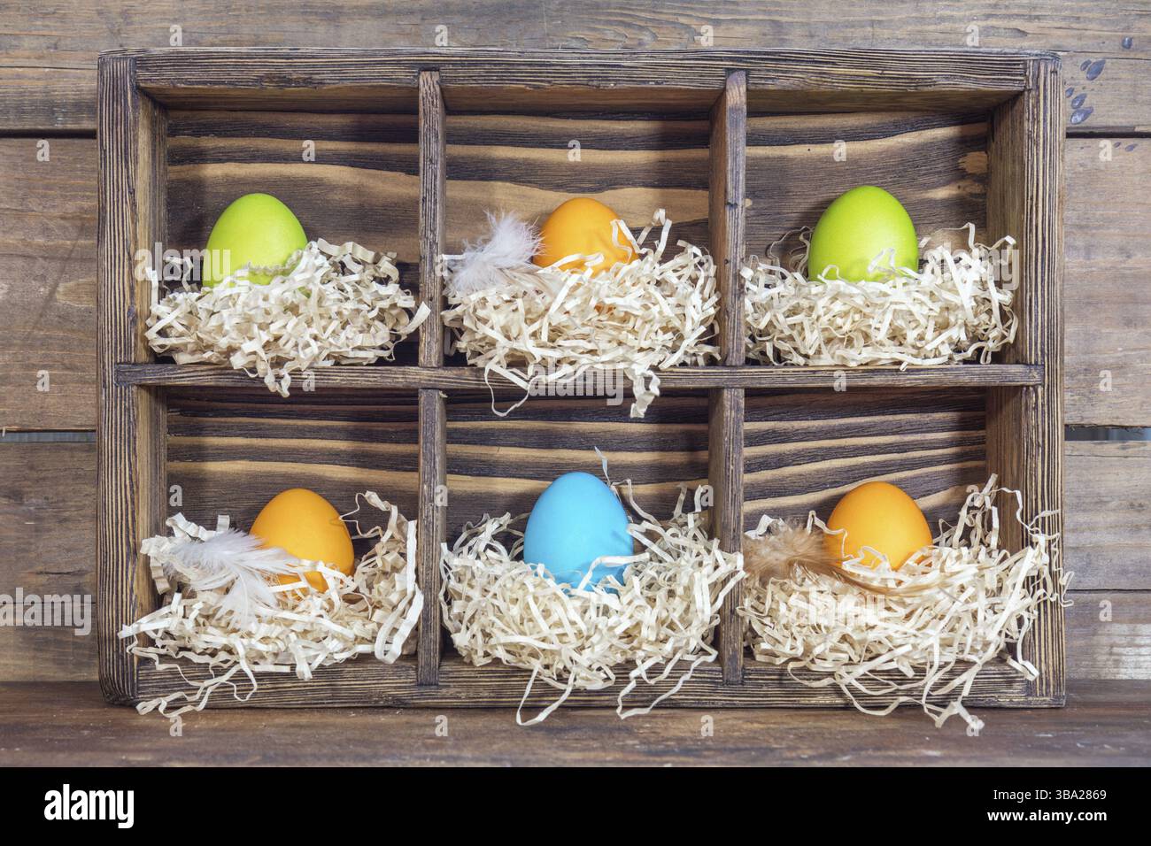 Easter colorful eggs in the nests in cell boxes Stock Photo - Alamy