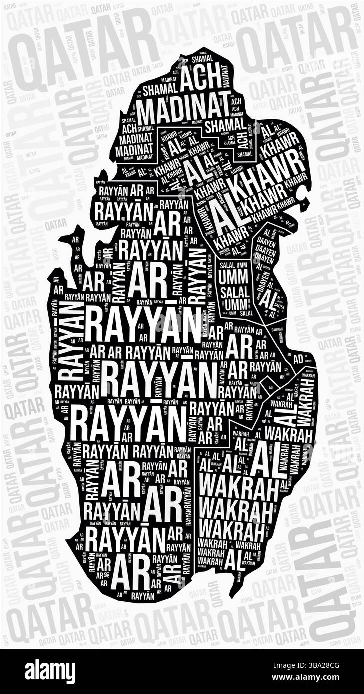 Qatar regions map word cloud. Qatar region names. Black and white map ...