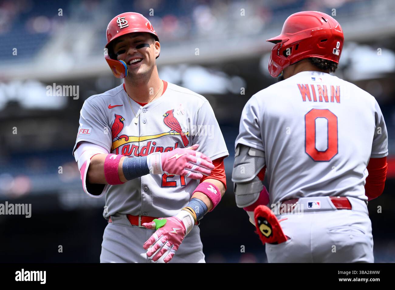 St. Louis Cardinals' Lars Nootbaar, left, celebrates his home run with ...
