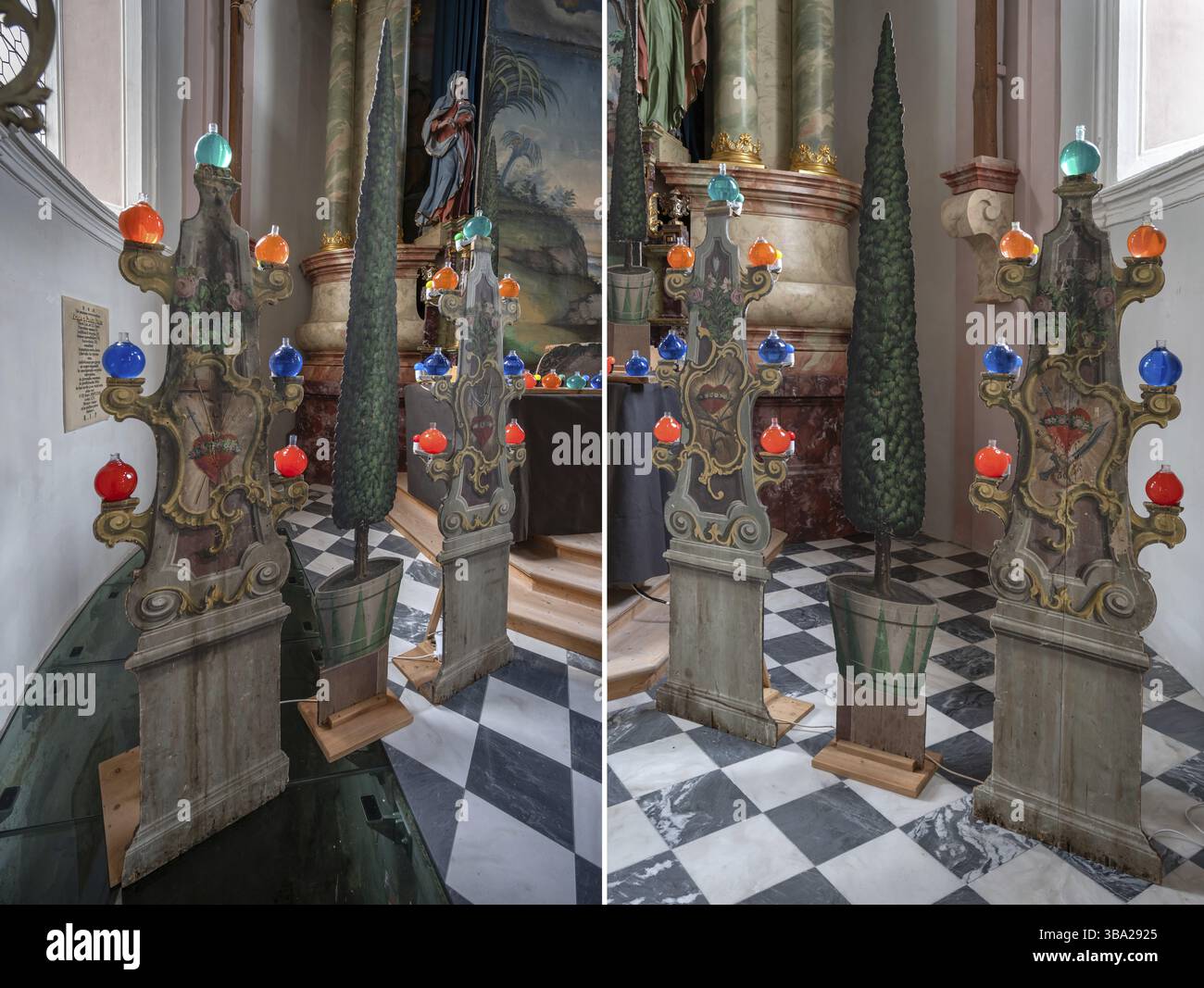 On contour-cut and painted boards with religious motifs in front of the ...