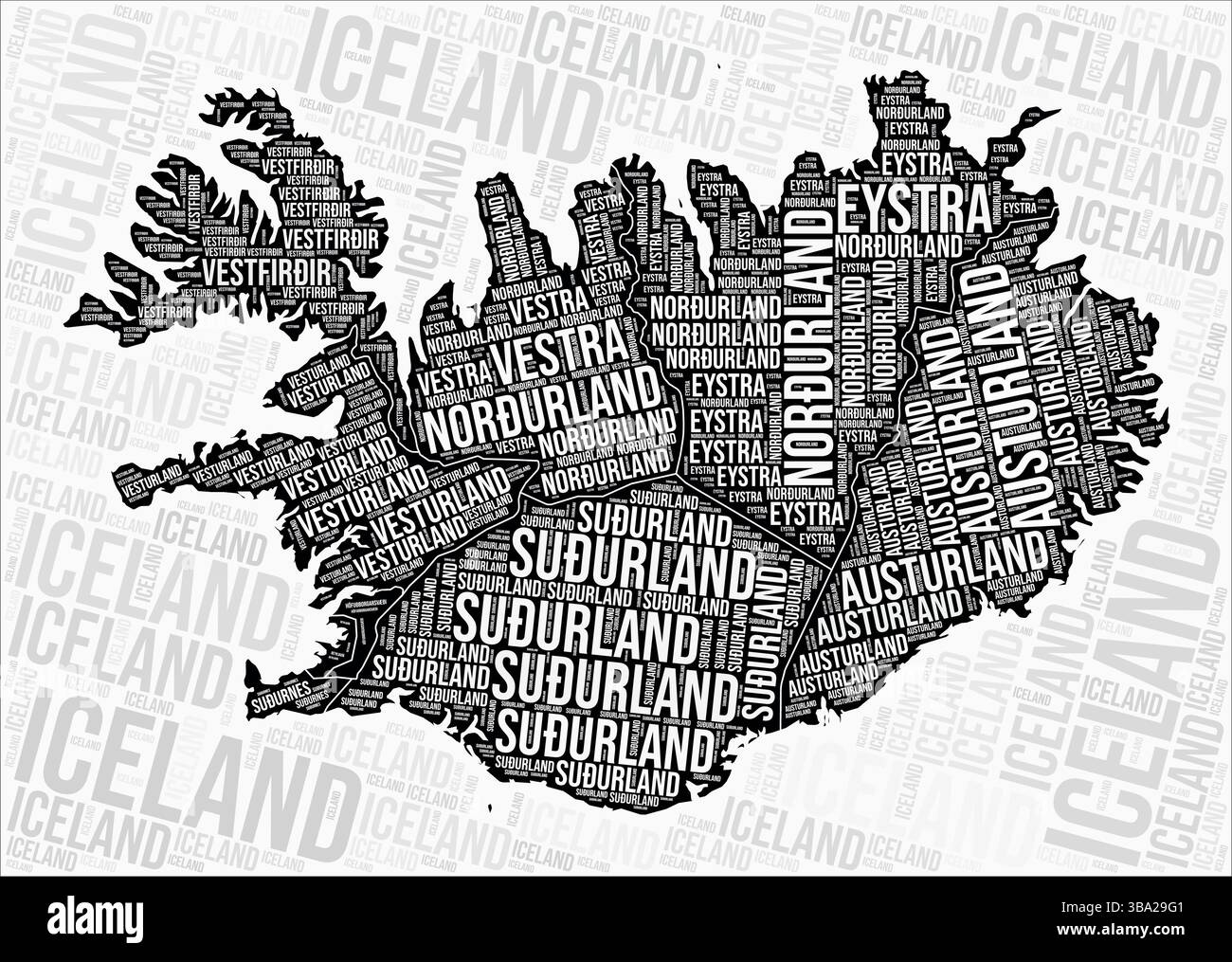 Iceland regions map word cloud. Iceland region names. Black and white ...