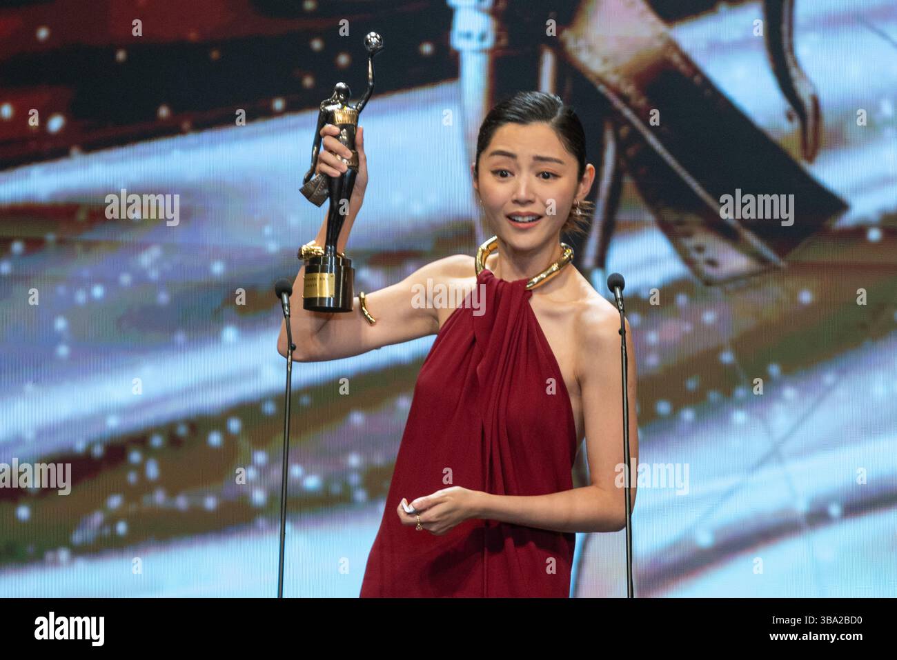 Michelle Wai reacts receiving the Best Actress award for her role in the film The Last Dance at ...