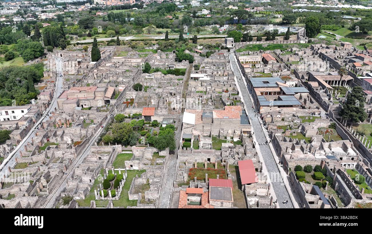 aerial view of Historic streets of Ancient roman city of Pompeii Italy ...
