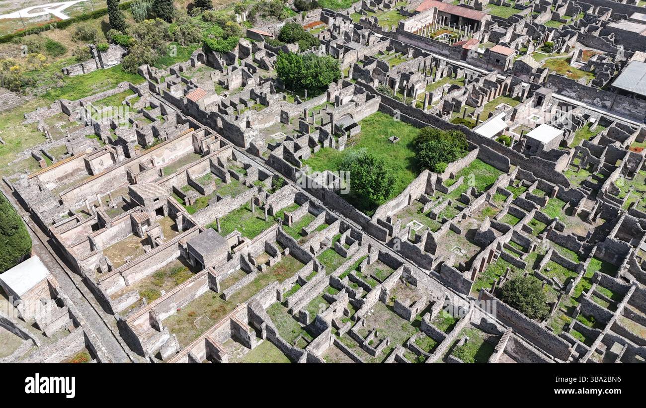 aerial view of Historic streets of Ancient roman city of Pompeii Italy ...