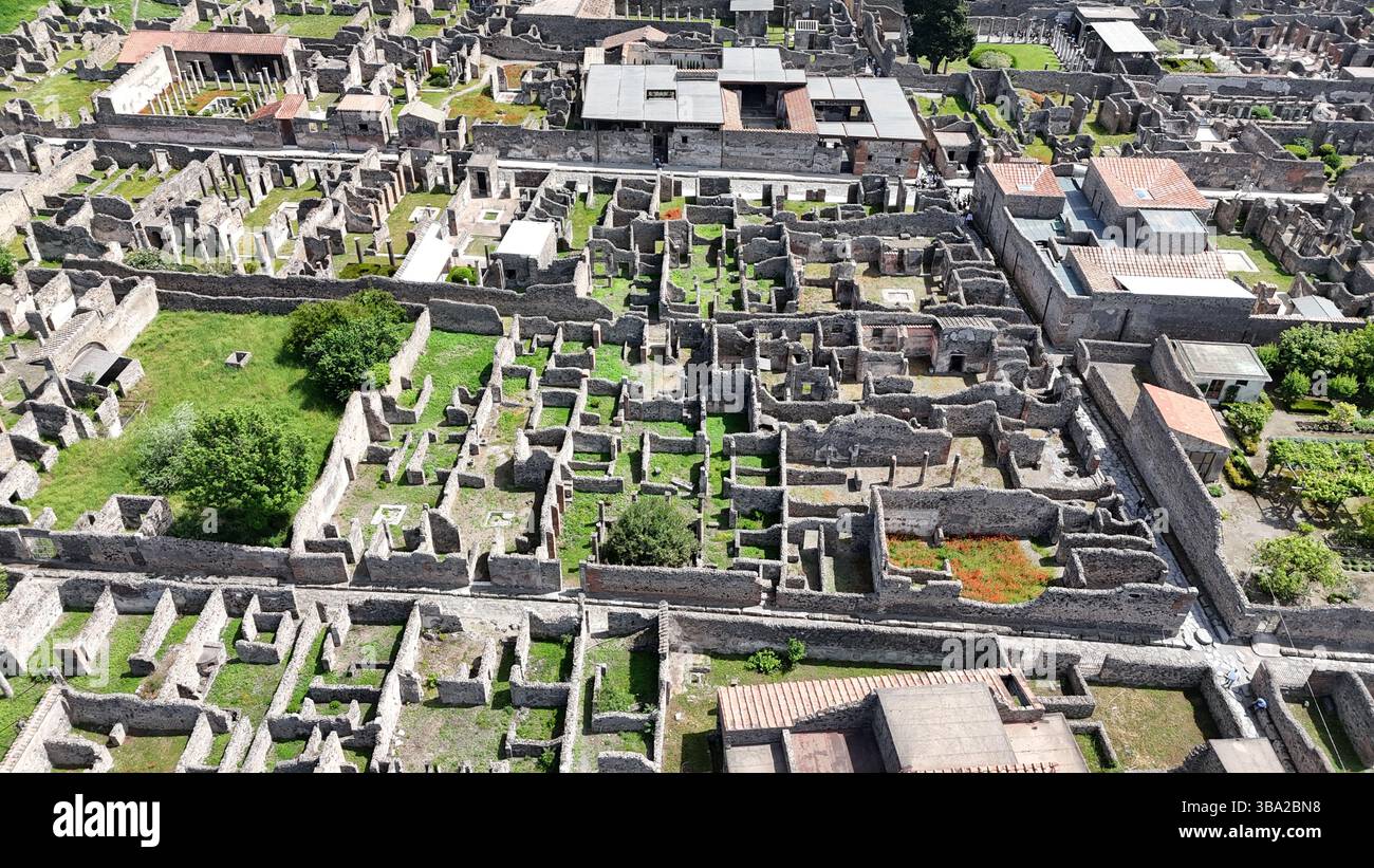 aerial view of Historic streets of Ancient roman city of Pompeii Italy ...