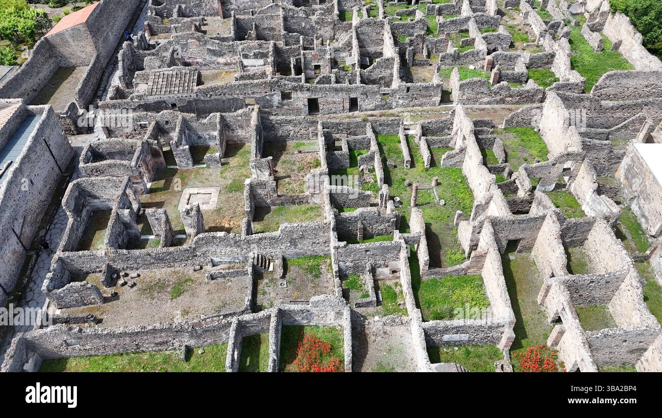 aerial view of Historic streets of Ancient roman city of Pompeii Italy ...