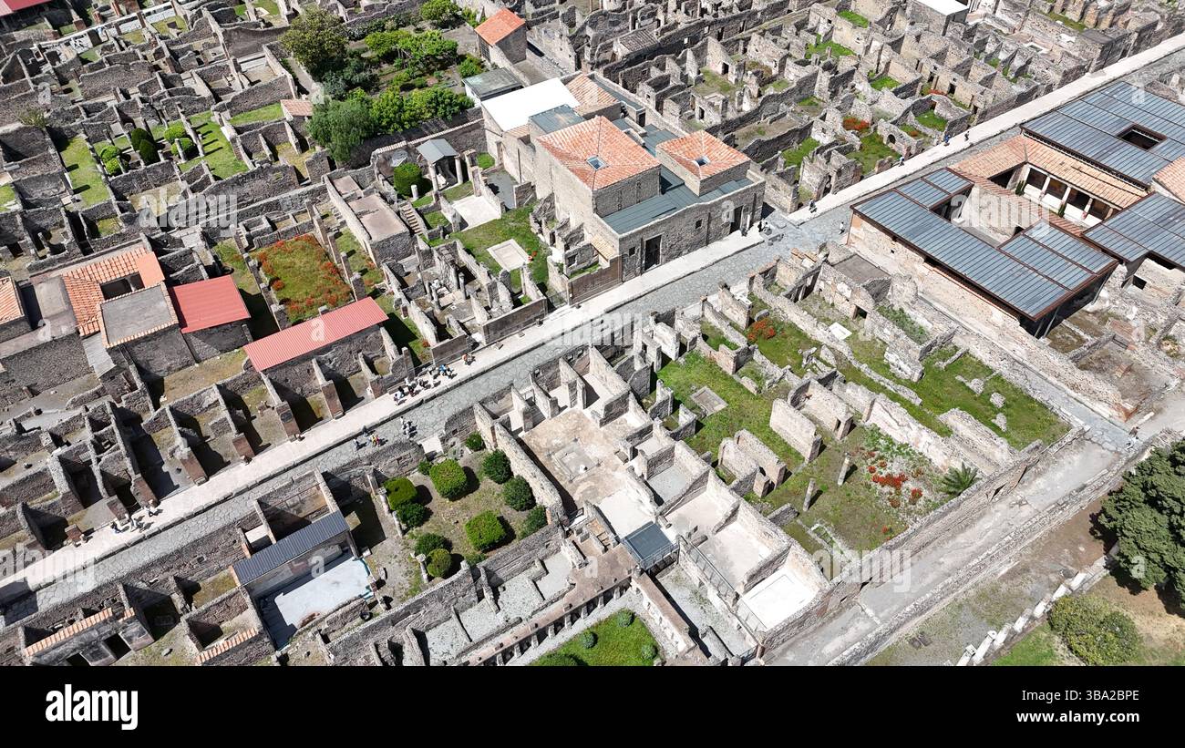 aerial view of Historic streets of Ancient roman city of Pompeii Italy ...