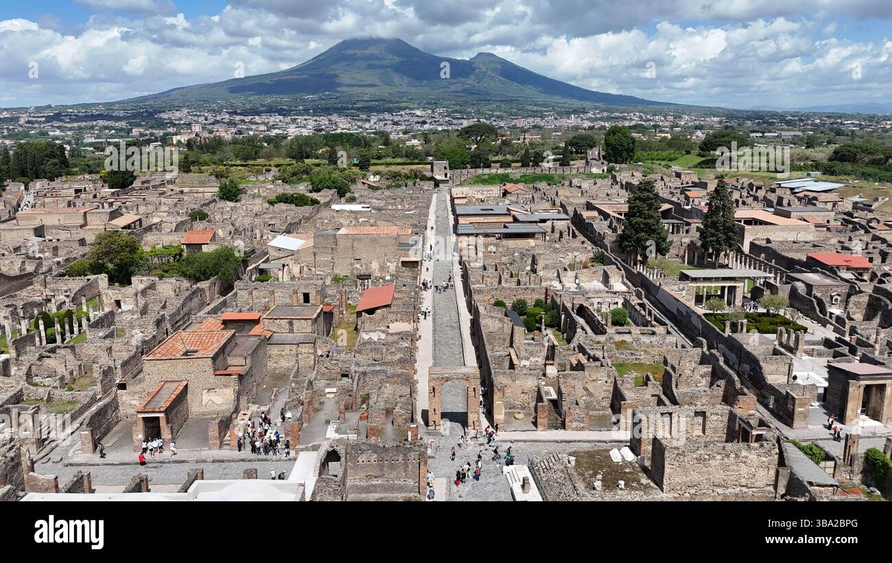 aerial view of Historic streets of Ancient roman city of Pompeii Italy ...