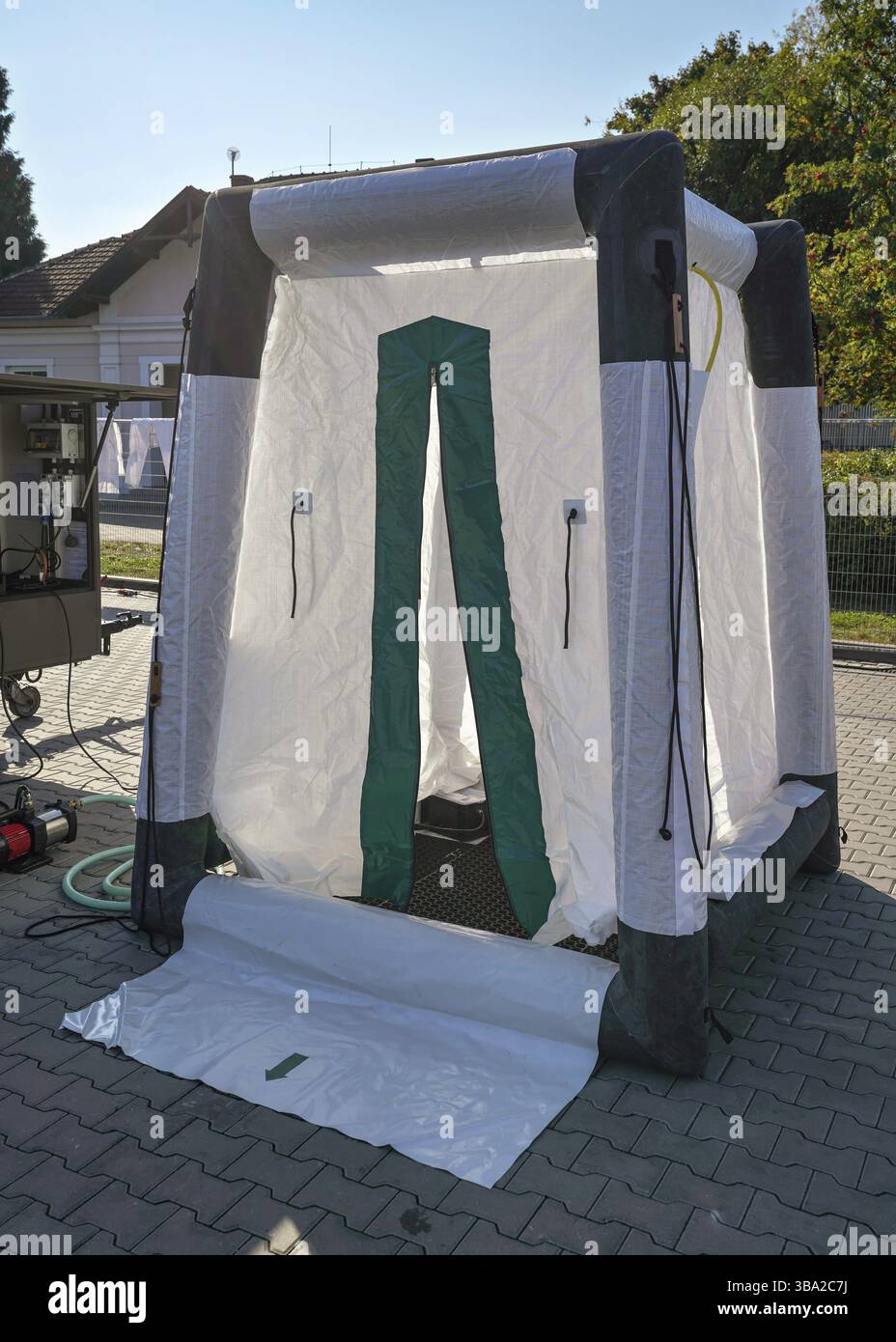 Mobile plastic inflatable decontamination shower tent displayed at ...