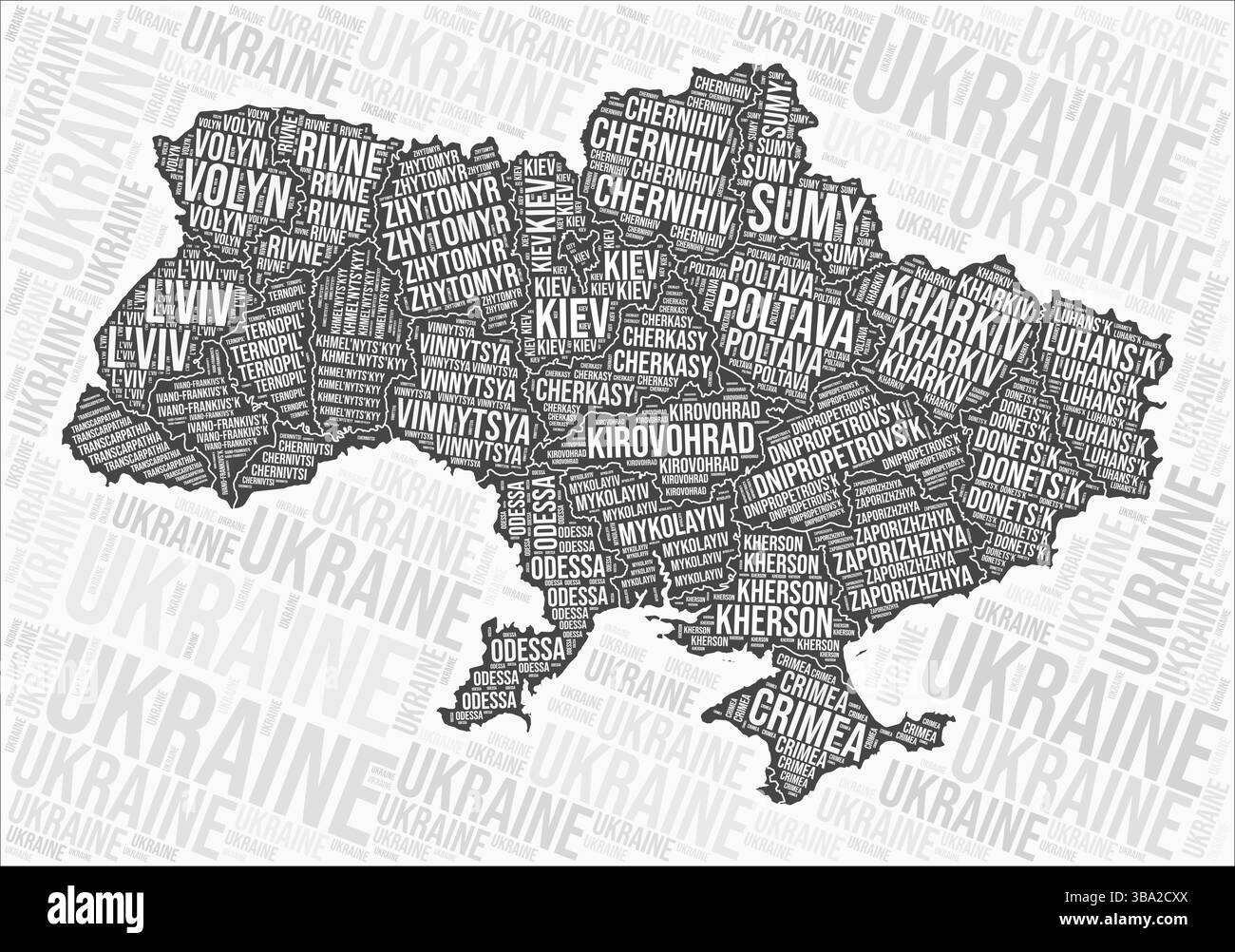 Ukraine regions map word cloud. Ukraine region names. Black and white ...
