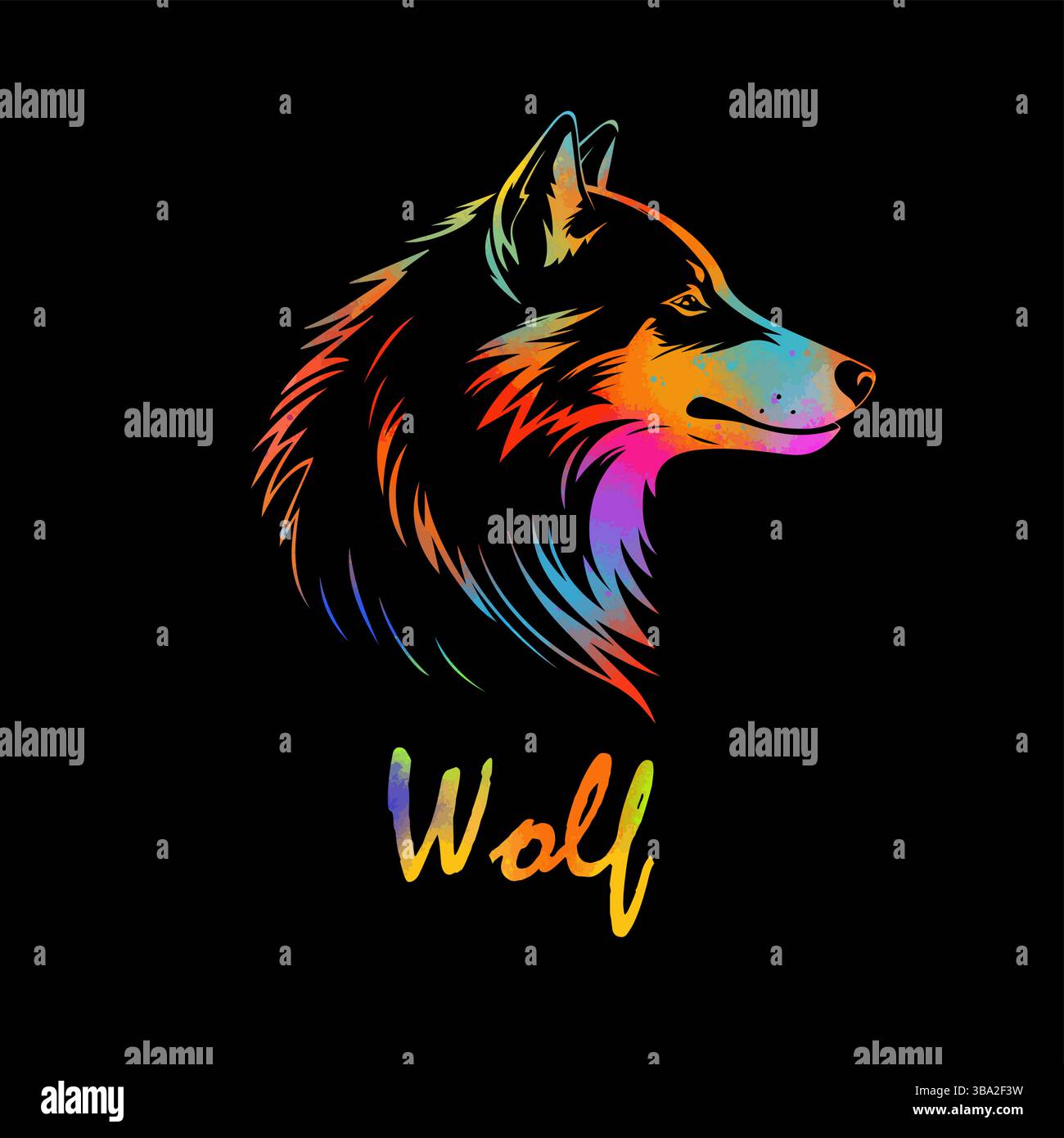 colored wolf head on black background. hand drawing. Not AI, Vector ...