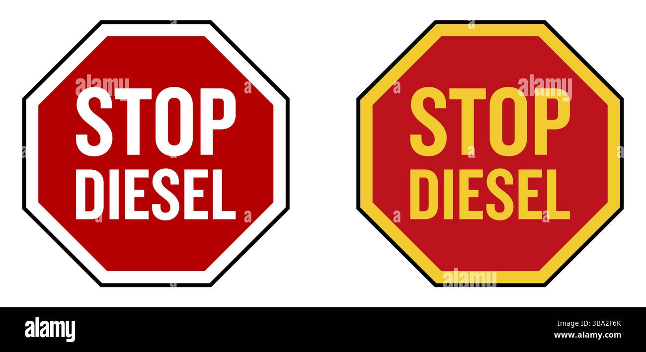 No diesel sign. STOP roadsign shape icon with text in it. White and ...