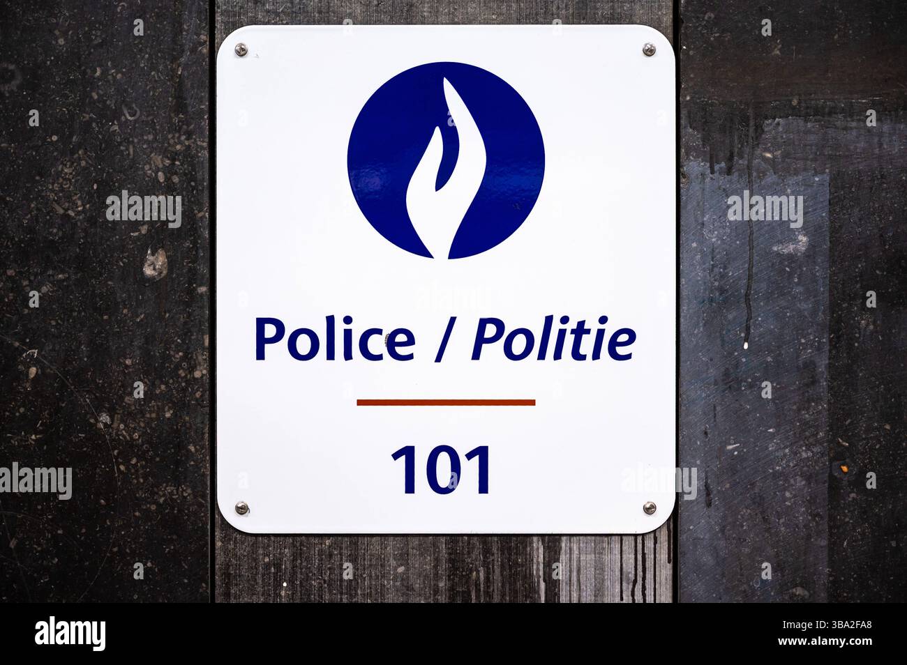Sign of the Belgian national police, emergency number 101, Molenbeek ...